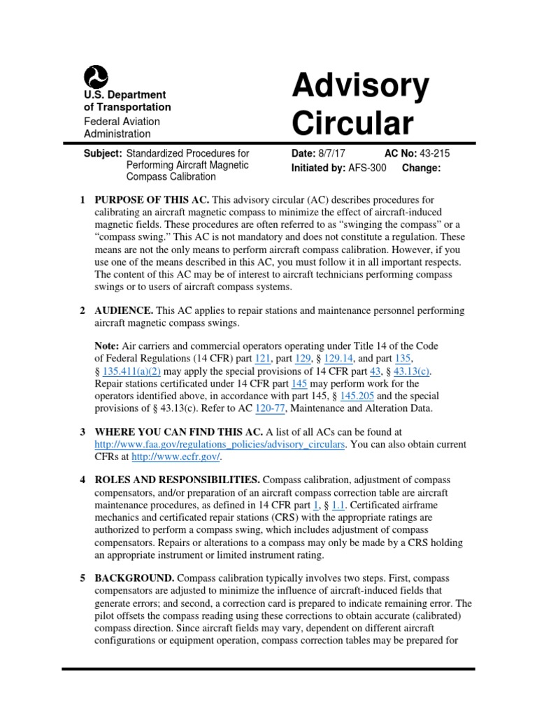 Advisory Circular: Subject: Date: 8/7/17 AC No: 43-215 Initiated By ...