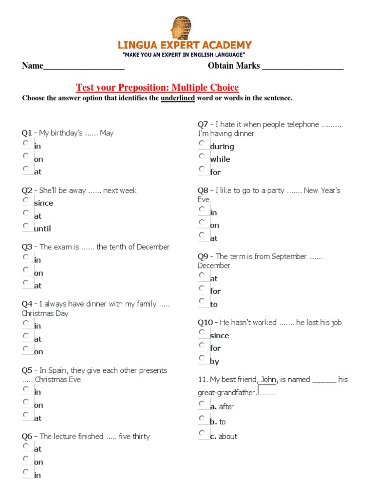 Test Your Preposition: Multiple Choice | PDF