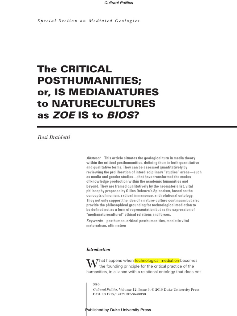 The Critical Posthumanities Or, Is Medianatures To Naturecultures As Zoe Is To Bios? | PDF ...
