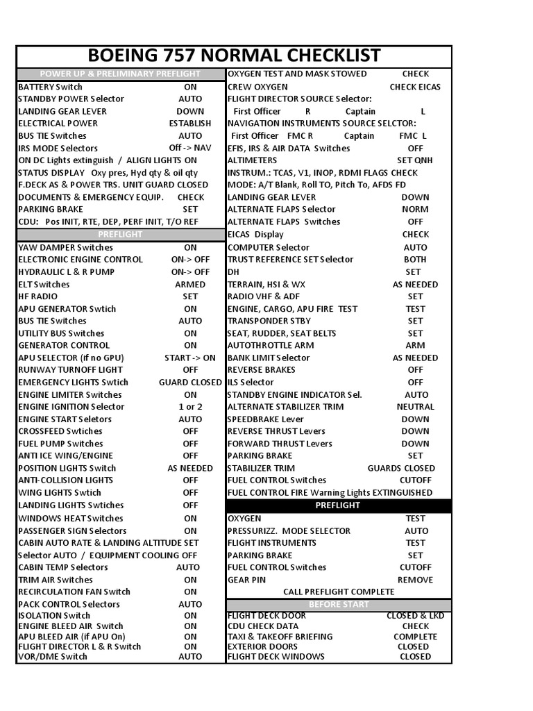 Boeing 757 Preflight Checklist | PDF | Takeoff | Switch