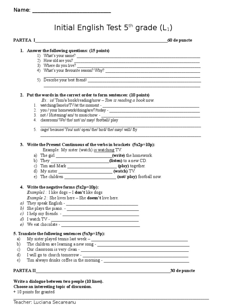 Initial Test 5th Grade | PDF | English Language | Cognition