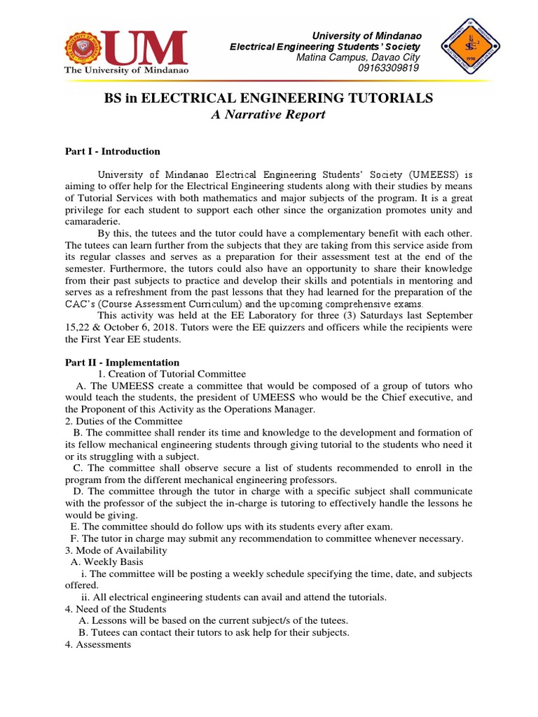 NARRATIVE REPORT - Engineering Tutorials | PDF | Tutor | Test (Assessment)
