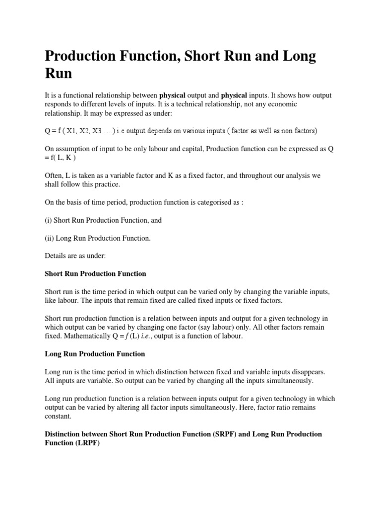 Production Short Run Pdf Production Function Labour Economics