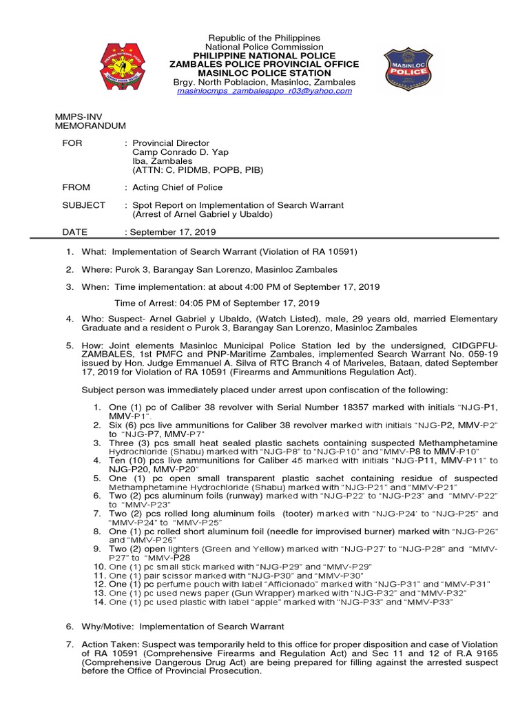 Spot Report On Implementation of Search Warrant | PDF | Criminal ...