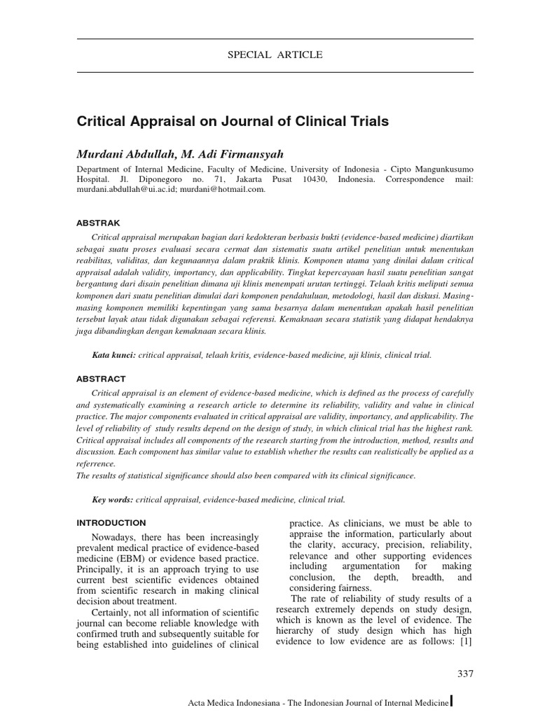 Critical Appraisal On Journal of Clinical Trials: Murdani Abdullah, M. Adi Firmansyah | PDF ...