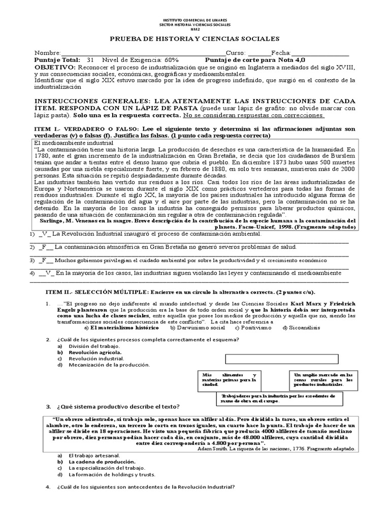 Prueba de Progreso e Industrialización | PDF | Revolución industrial | Contaminación