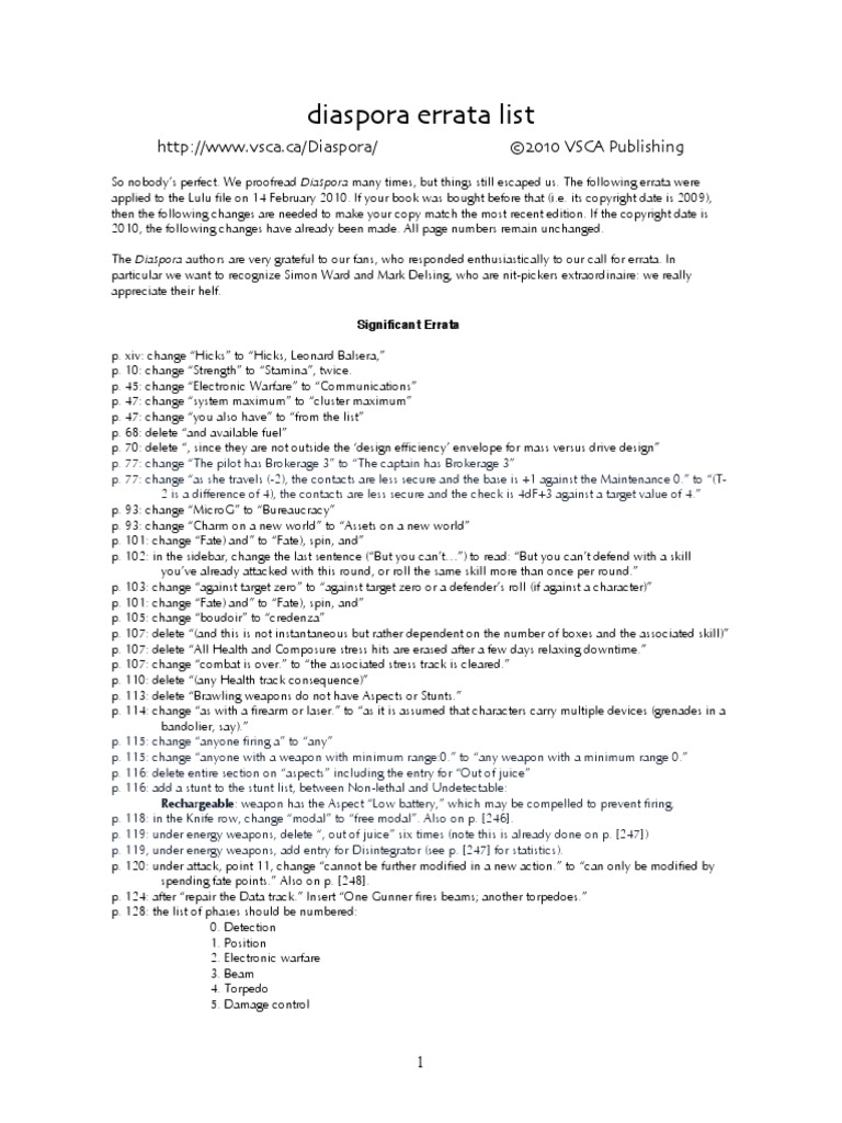 0000 Diaspora RPG Errata PDF | PDF