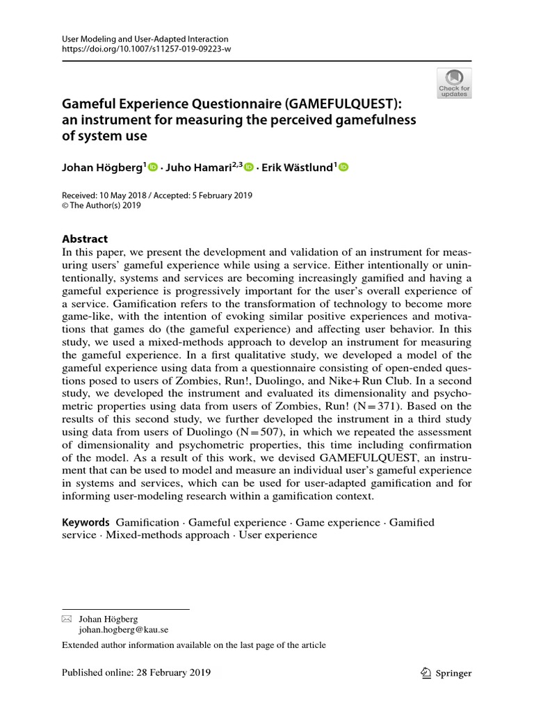 Gameful Experience Questionnaire (GAMEFULQUEST) : An Instrument For ...