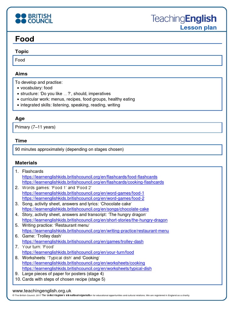 Teaching Kids Lesson Plan Food PDF | PDF | Menu | Vocabulary
