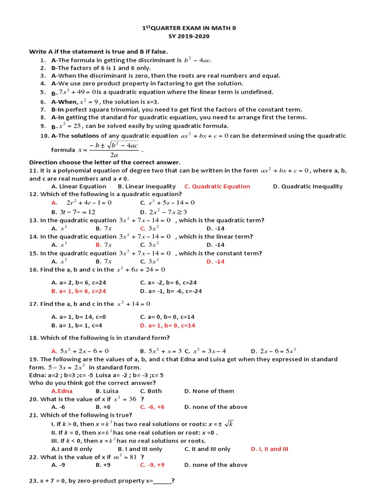 Math Final Answer Key | PDF | Quadratic Equation | Equations