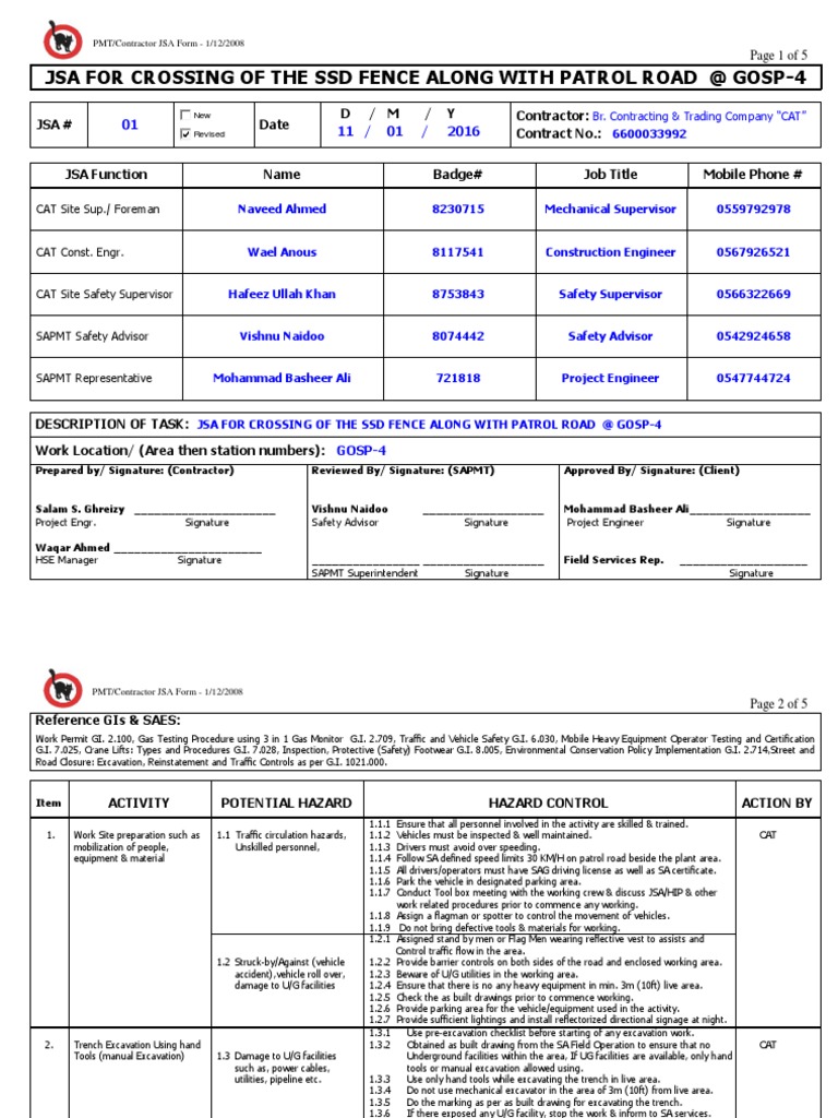 JSA For Crossing of The SSD Fence | PDF | Personal Protective Equipment ...