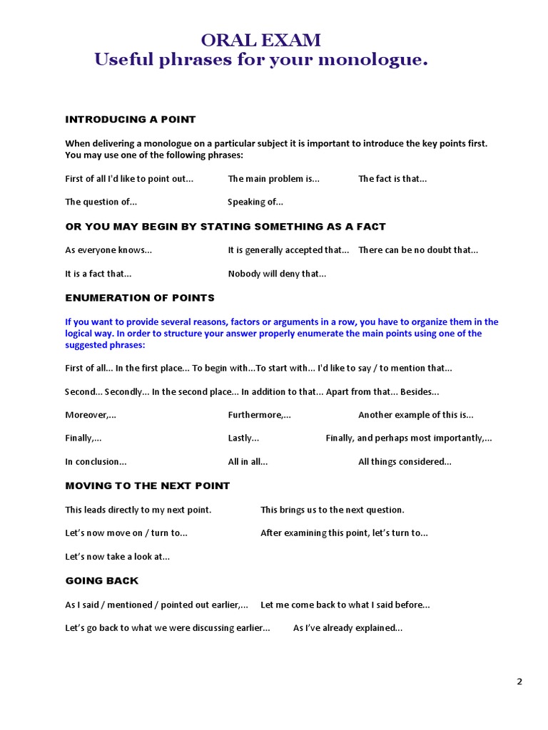 Preparing for an Oral Exam: Useful Phrases for Structuring a Monologue ...