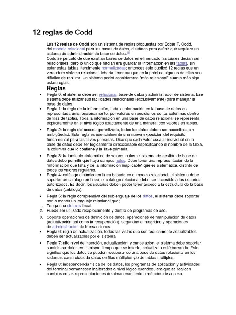 12 Reglas de Codd | PDF | Modelo relacional | Bases de datos