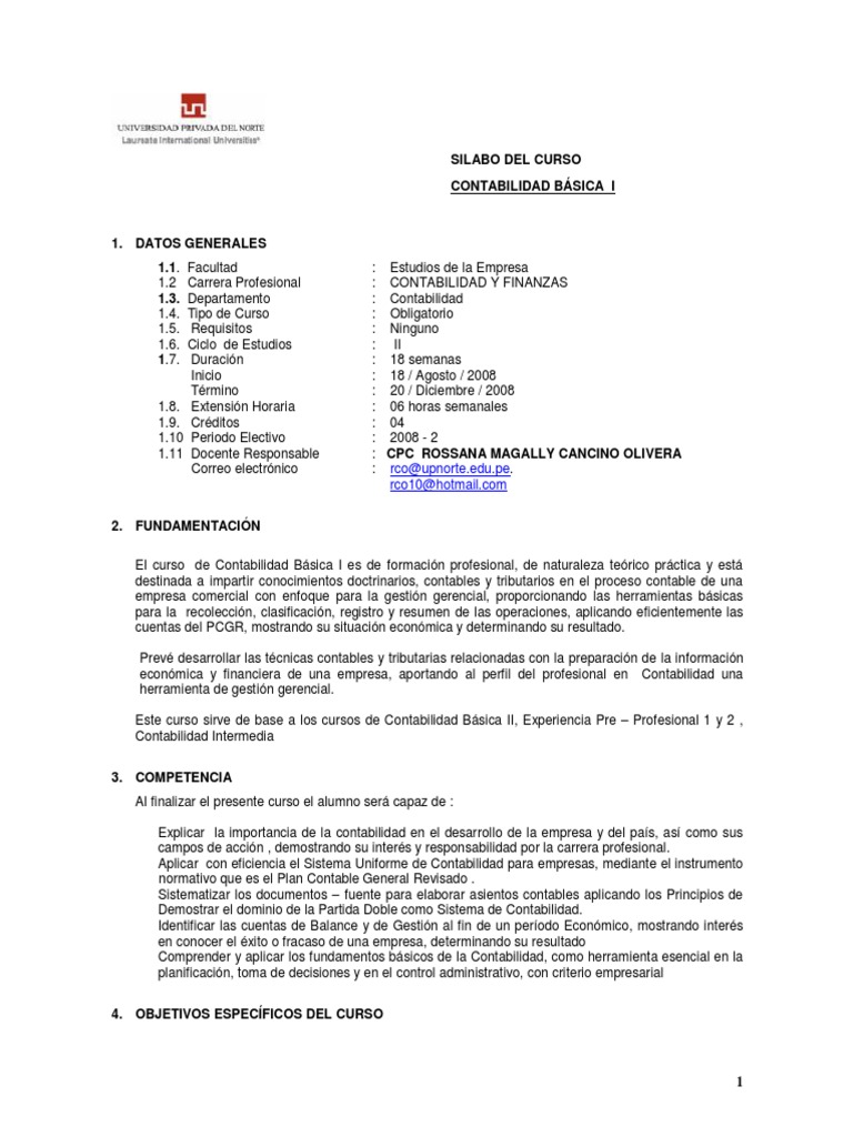 Sílabo de Contabilidad Básica I | PDF | Contabilidad | Contabilidad ...