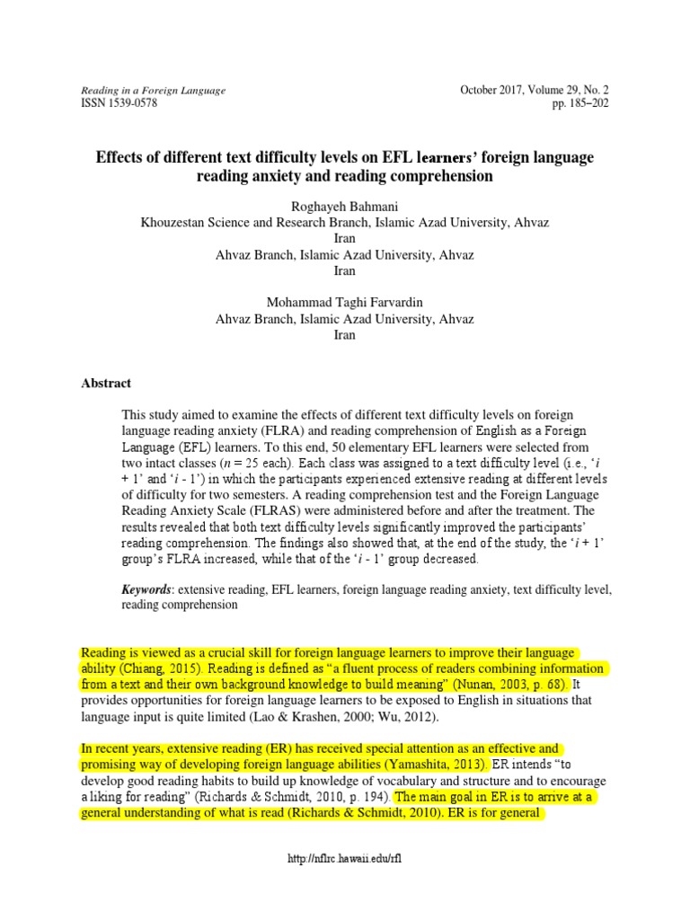 Effects of Different Text Difficulty Levels On EFL Learners' Foreign ...