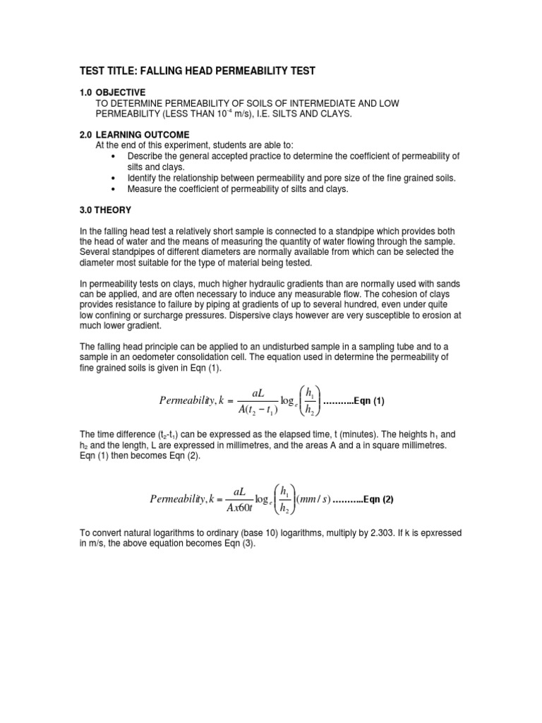 Falling Head Permeability Test Pdf Porosity Permeability Earth