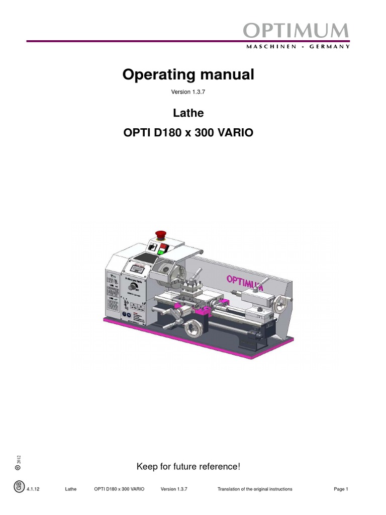 Optimum D180x300 Manual EN | PDF | Machining | Risk