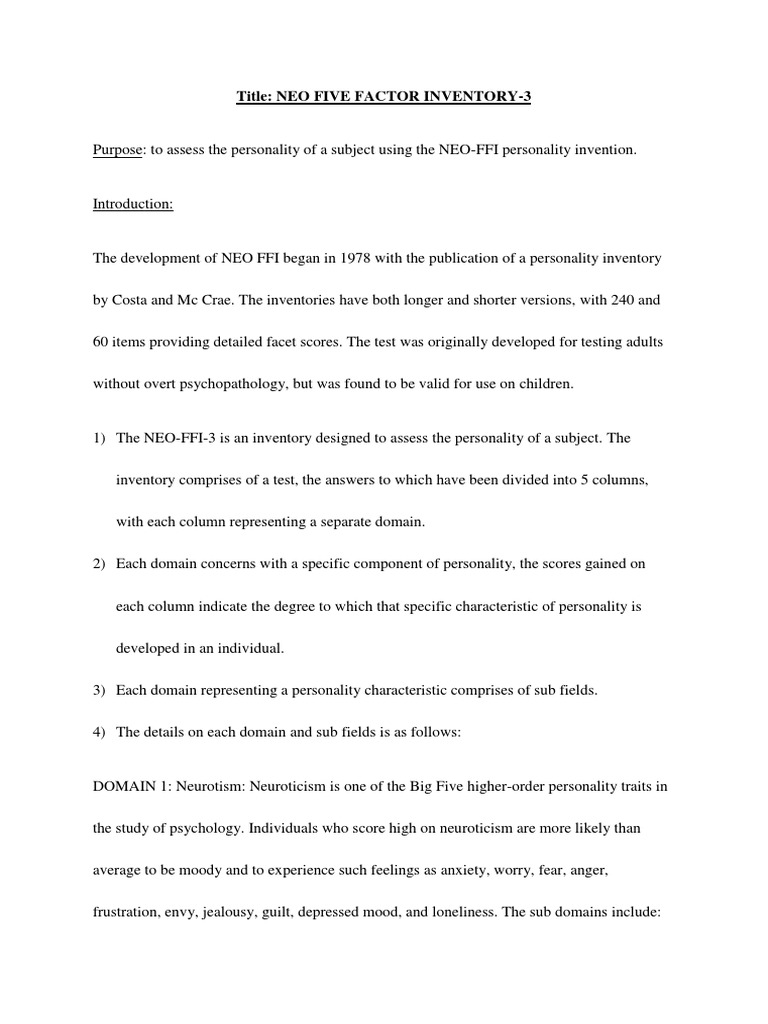 Neo Five Factor Inventory - Experiment Details. | PDF | Psychological ...