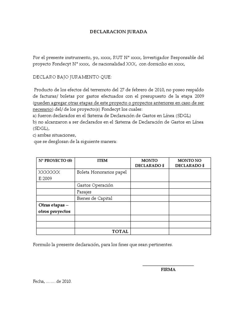 Ejemplo Declaración Jurada de Pérdida CONECYT | PDF
