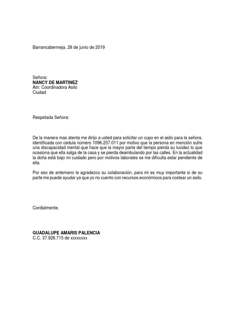 Carta Solicitud Cupo Asilo Lourdes | PDF