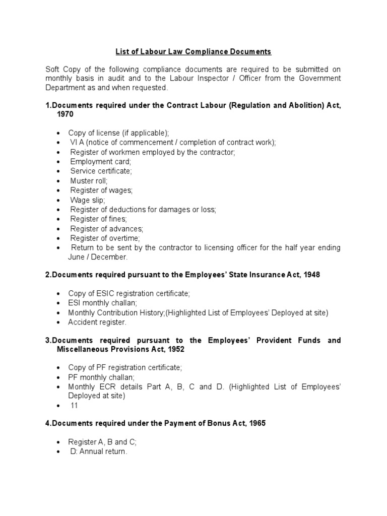 Labour Compliance Documents Checklist | PDF | Employment | Labour Law