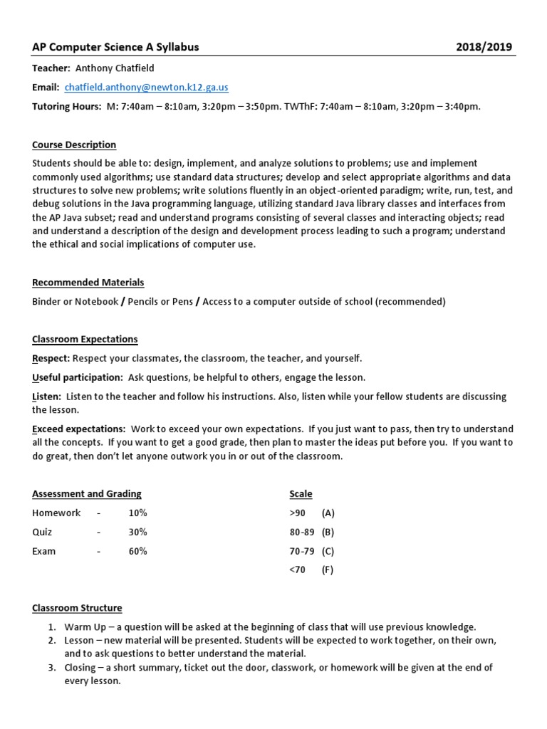 Chatfield Apcsa Syllabus | PDF | Homework | Pedagogy