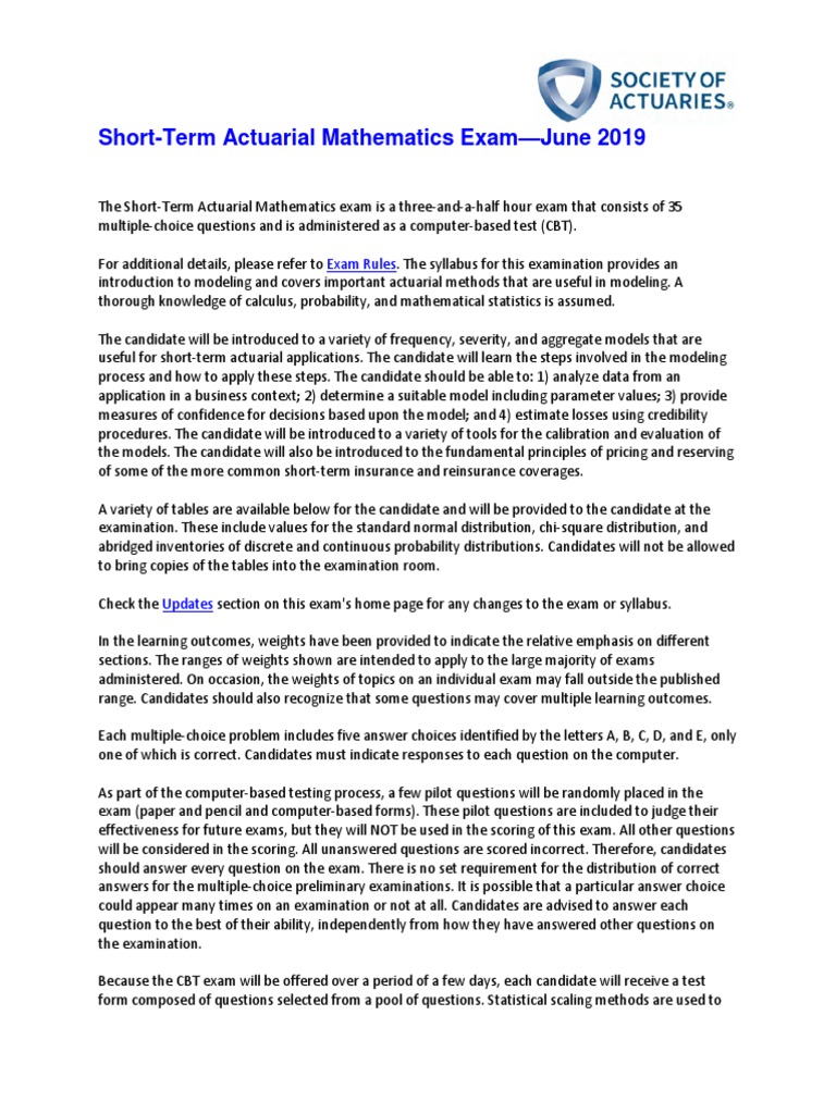 Short-Term Actuarial Mathematics Exam-June 2019 | PDF | Probability ...