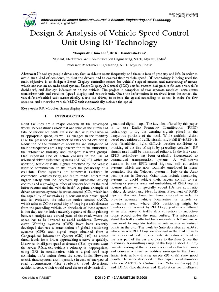 Design & Analysis of Vehicle Speed Control Unit Using RF Technology ...