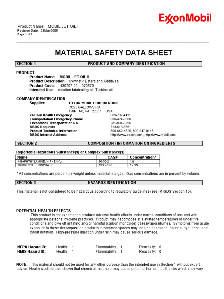 Material Safety Data Sheet: Product Name: Mobil Jet Oil Ii | PDF ...