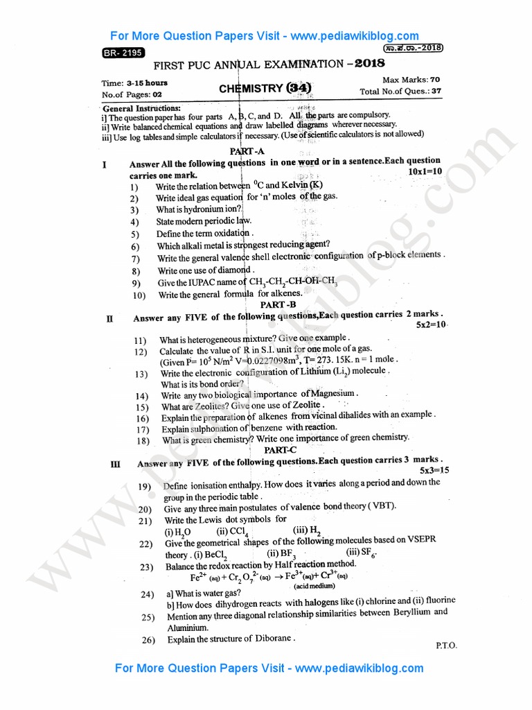 PUC Annual Exam 2018 | PDF | Chemistry | Physical Chemistry