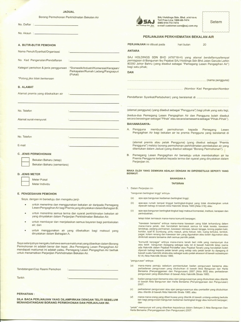Perjanjian Perkhidmatan Bekalan Air SAJ | PDF