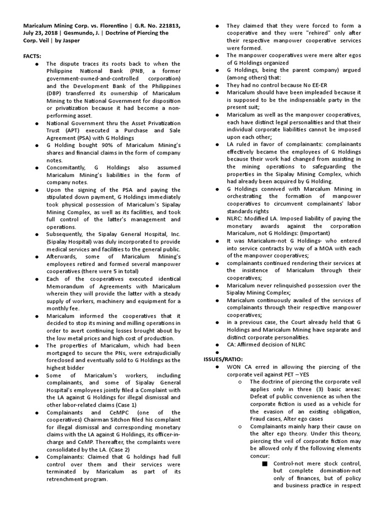 Maricalum Mining Corp. vs. Florentino - Jasper | PDF | Piercing The ...