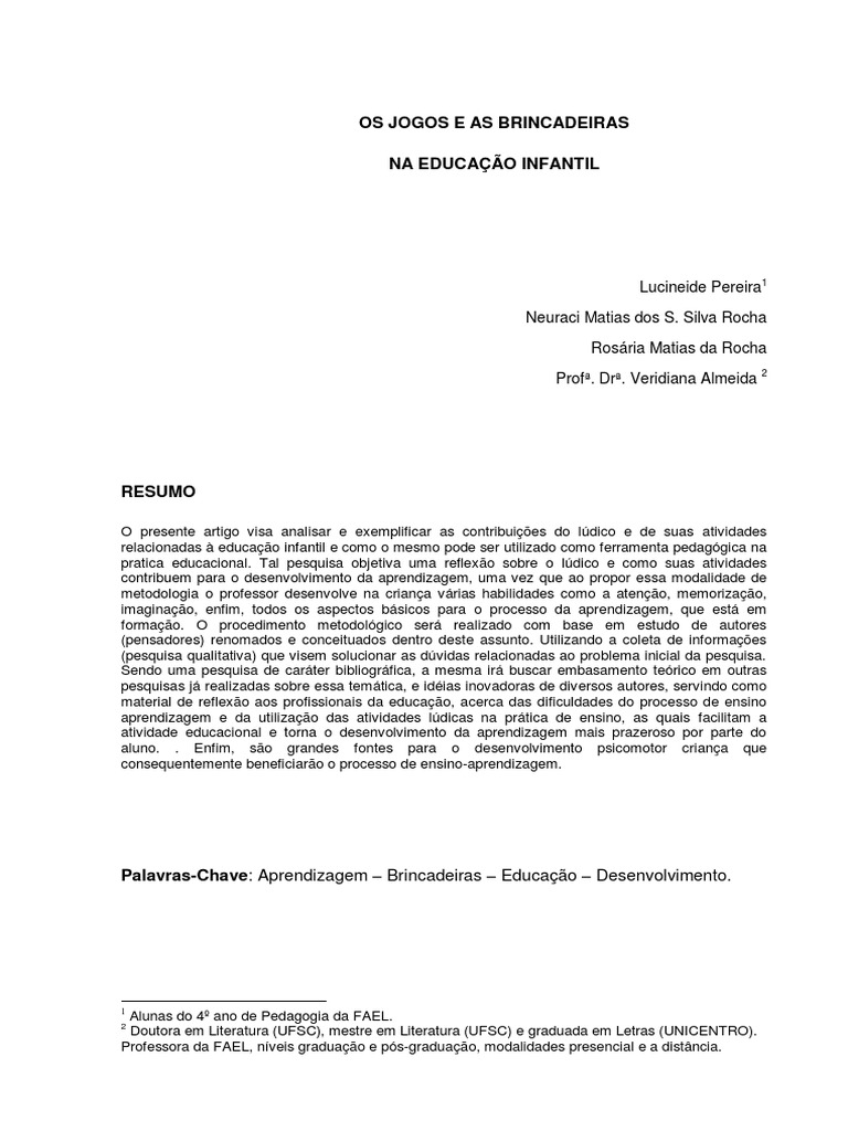 Tcc Fael Sobre Lúdico Pdf Aprendizado Pré Escola