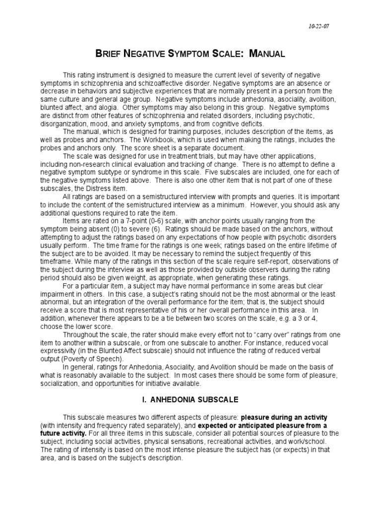 Negative Symptom Scale Manual for Schizophrenia | PDF | Facial ...