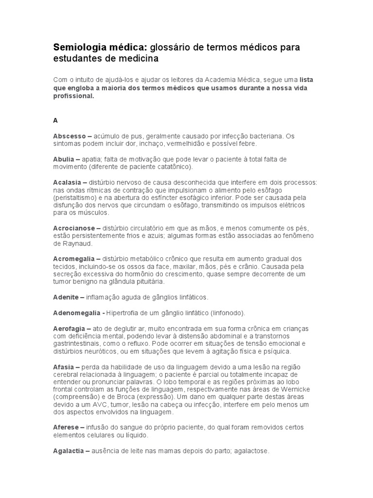 Semiologia Médica - Glossário de Termos Médicos para Estudantes de ...