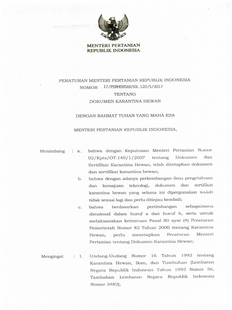 Permentan Nomor 17 Tahun 2017 DOKUMEN KARANTINA HEWAN PDF | PDF