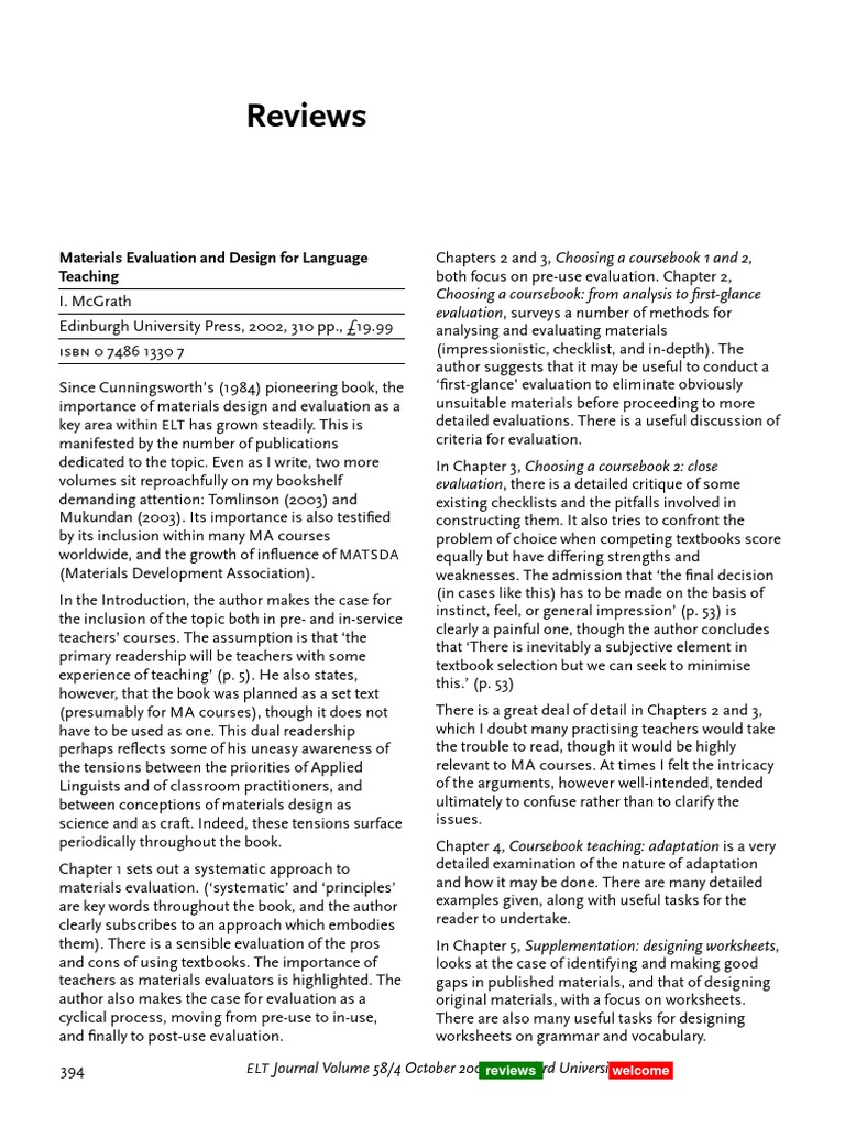 Reviews: Materials Evaluation and Design For Language Teaching | PDF ...