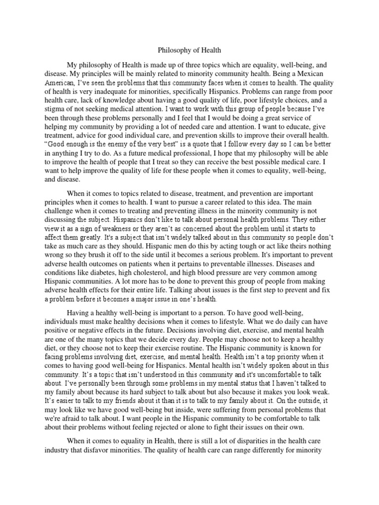 Philosophy of Health Essay | PDF | Preventive Healthcare | Health Care