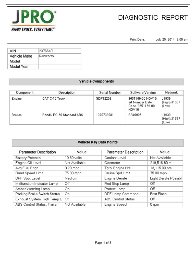 Diagnostic Report: 9:00 Am July 25, 2014 Print Date | PDF | Truck | Engines
