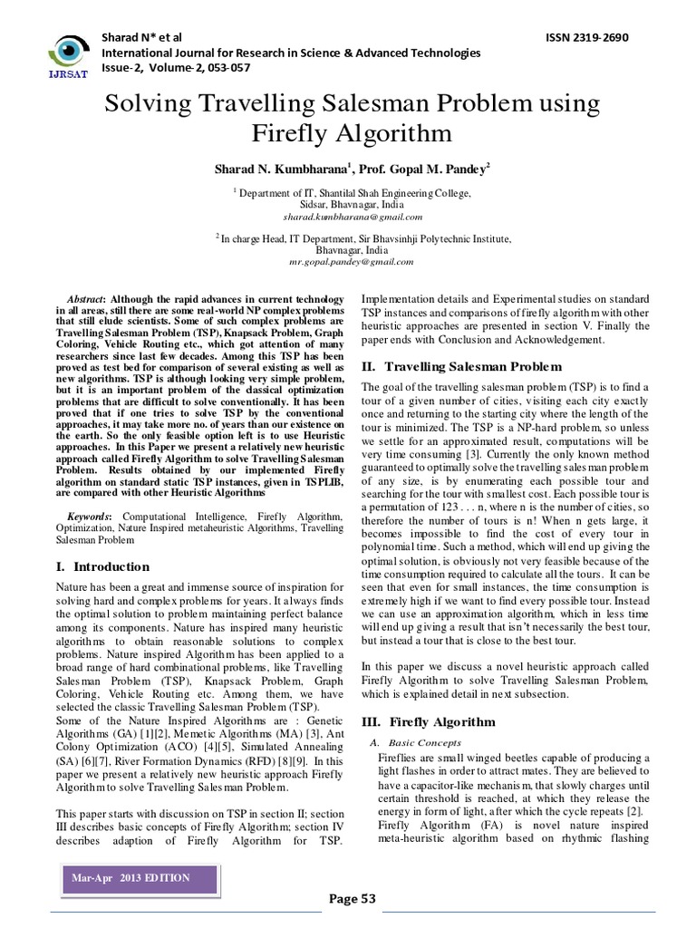 Sharad N Et Al Solving Travelling Salesm PDF | PDF | Metaheuristic ...