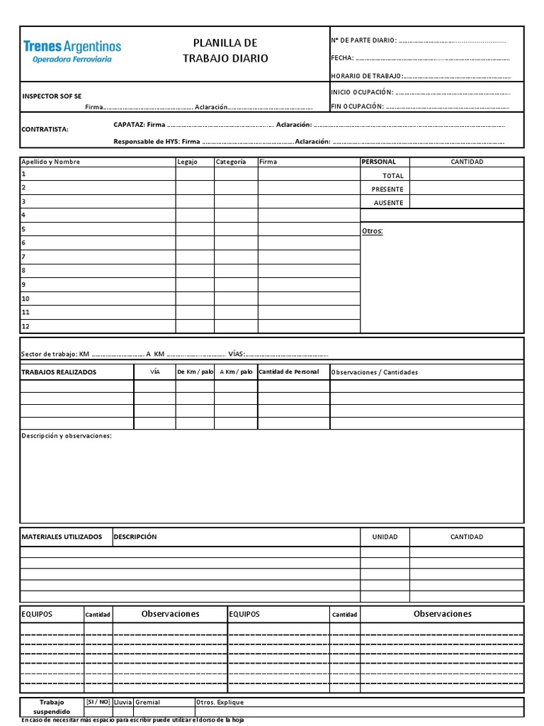 Modelo de Parte Diario de Trabajo | PDF | Naturaleza