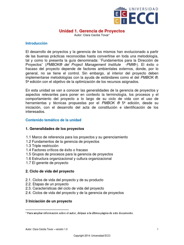 UNIDAD 1 GESTIÓN DE PROYECTOS ECCCI.pdf | PDF | Gestión de proyectos ...