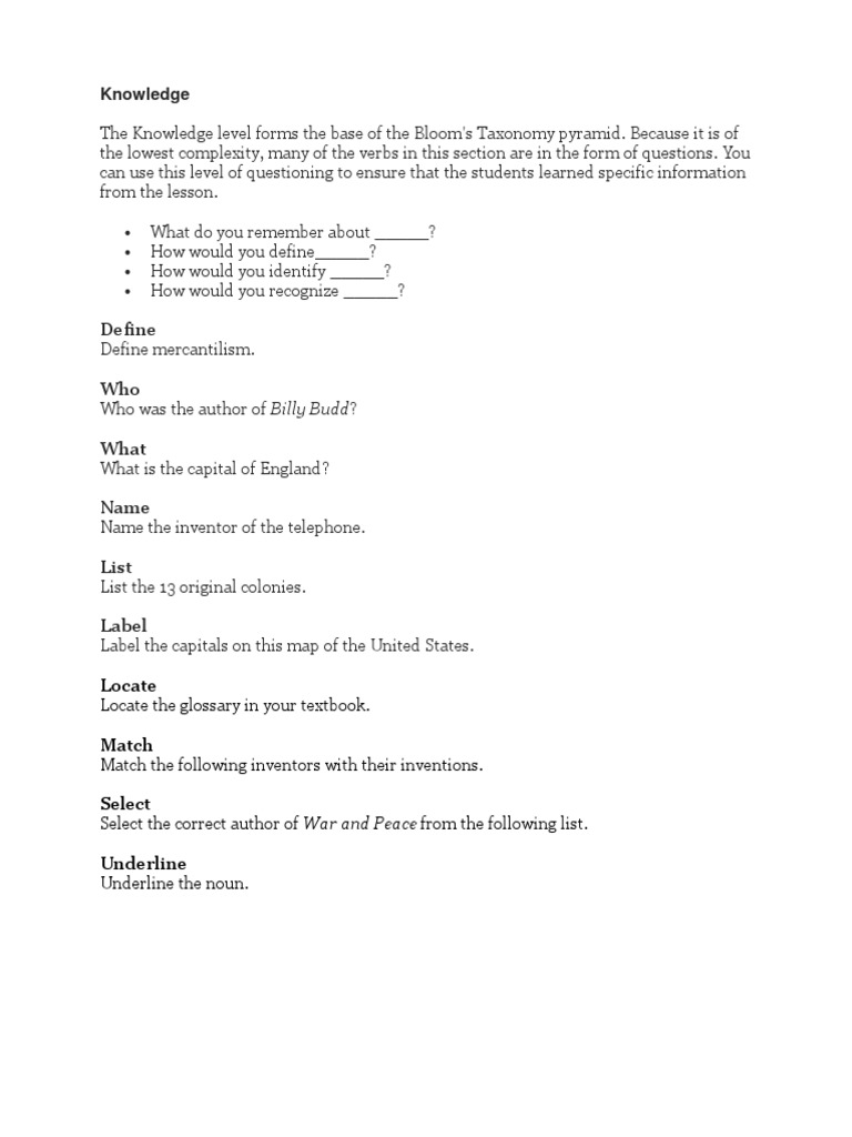 Bloom's Taxonomy Question Examples | PDF | Reading Comprehension | Lever