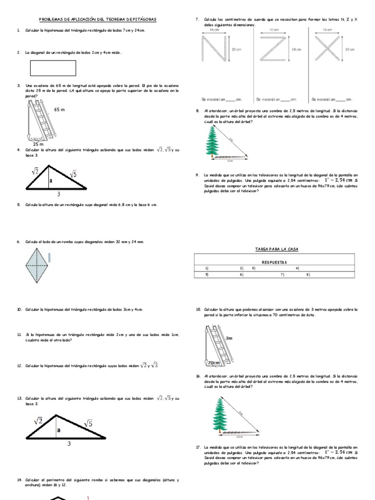Teorema de Pitagoras y Ficha para Taller 3ro | PDF | Pulgada | Triángulo