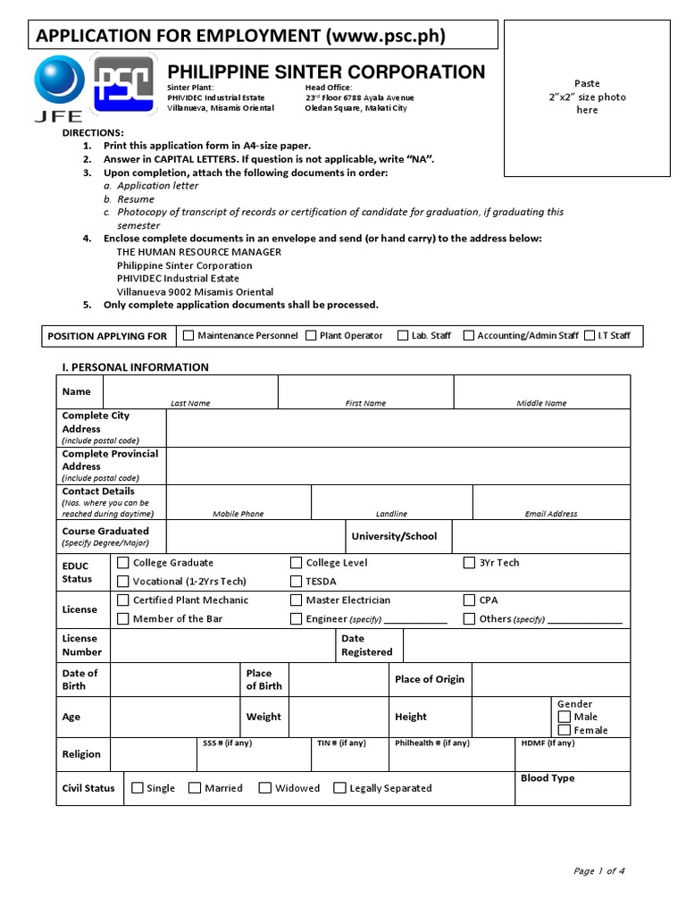 Application For Employment (WWW - PSC.PH) PSC Website Copy: Philippine ...