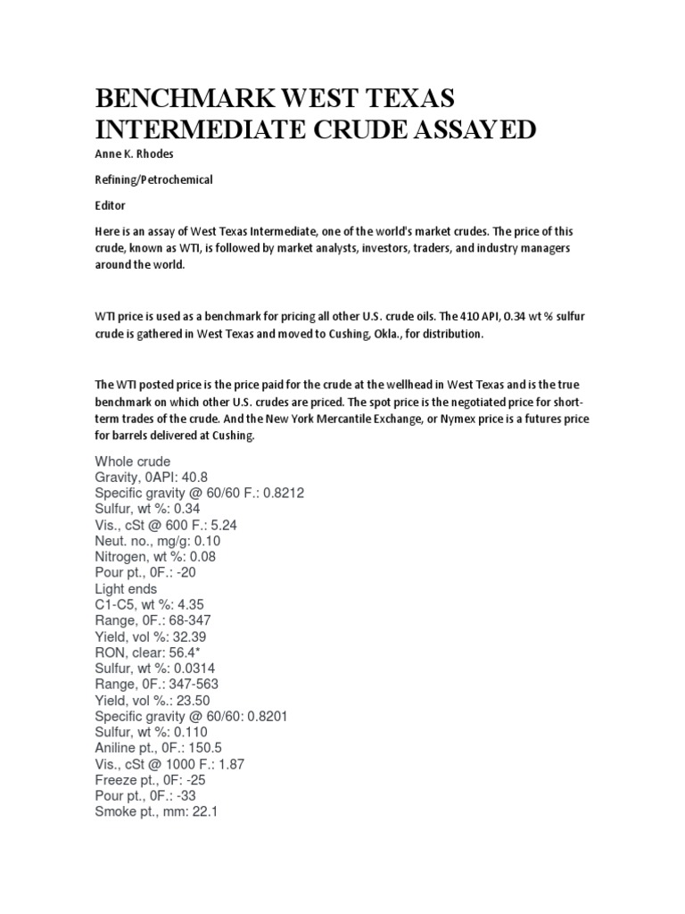 Benchmark West Texas Intermediate Crude Assayed | PDF | Science ...