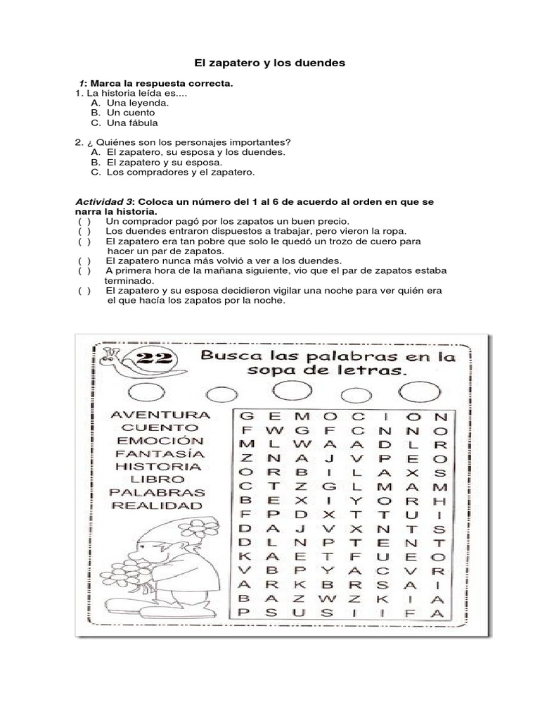 Actividad El Zapatero y Los Duendes | PDF