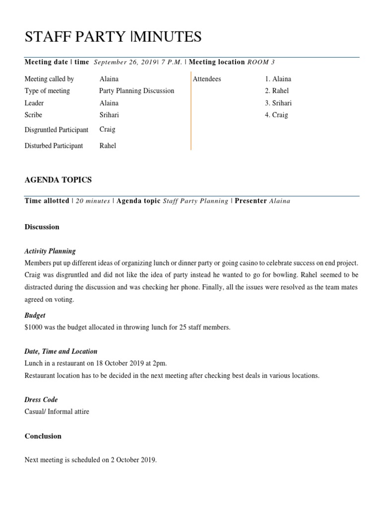 Staff Party Planning Minutes | PDF