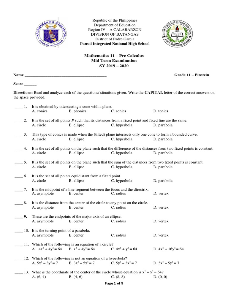 Mathematics 11 - Pre Calculus Mid Term Examination SY 2019 - 2020 | PDF ...