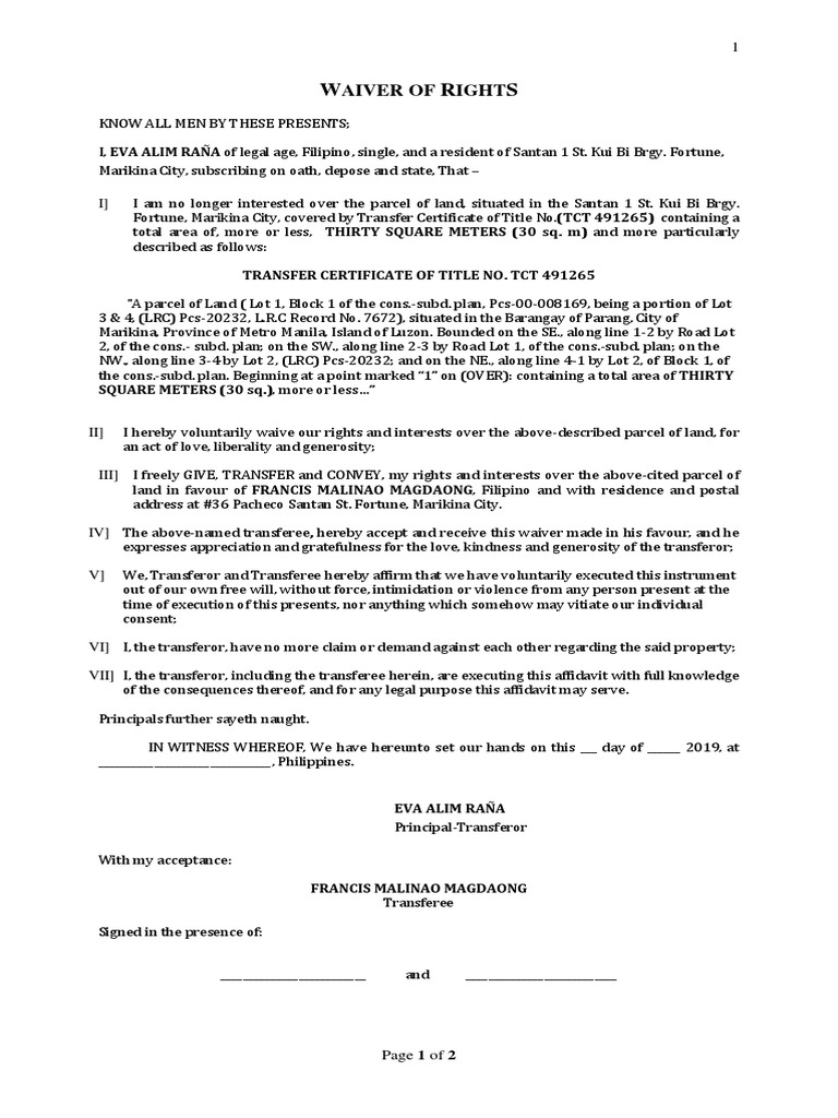 EVA Waiver of Rights | PDF | Document | Identity Document